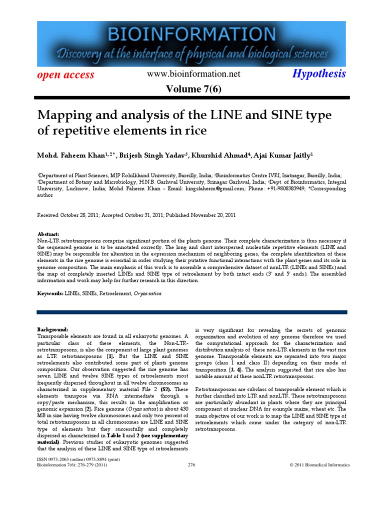 Mapping and Analysis of The LINE and SINE Type of Repetitive Elements ...