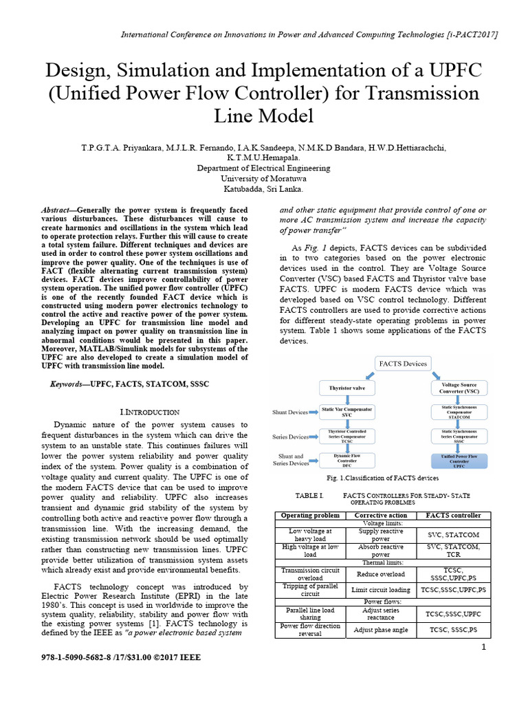 Design, Simulation and Implementation of A UPFC For Transmission Line Modeling | PDF ...