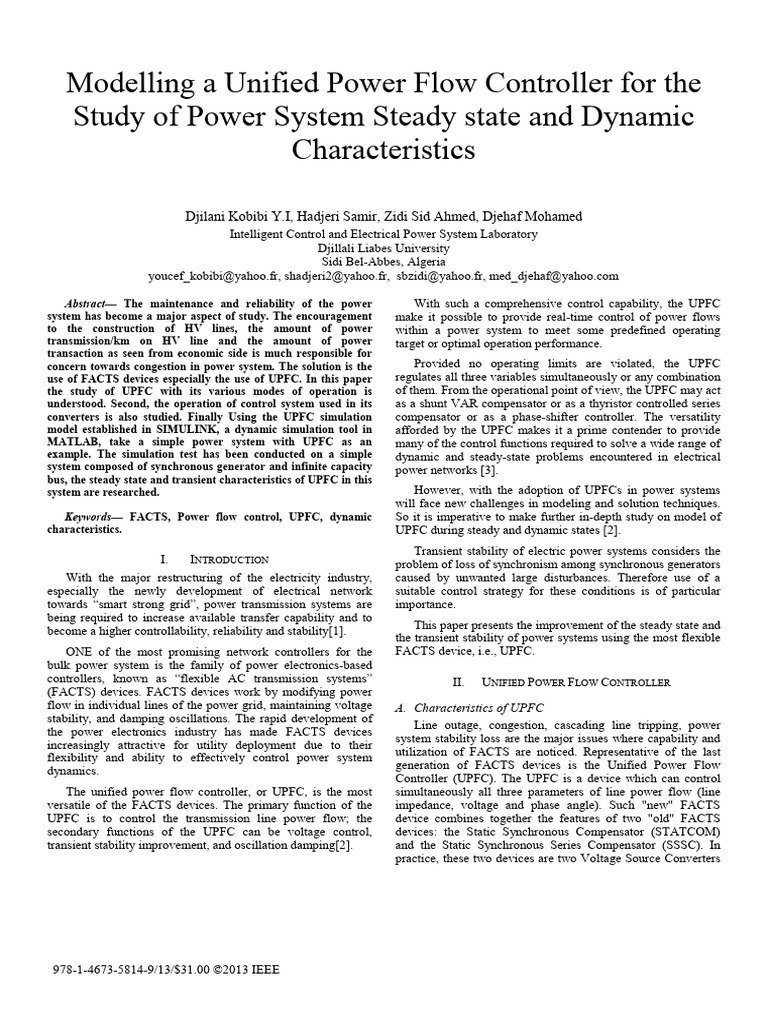 Modeling UPFC For The Study of Power System Steady State and Dynamic Chracteristics | PDF ...