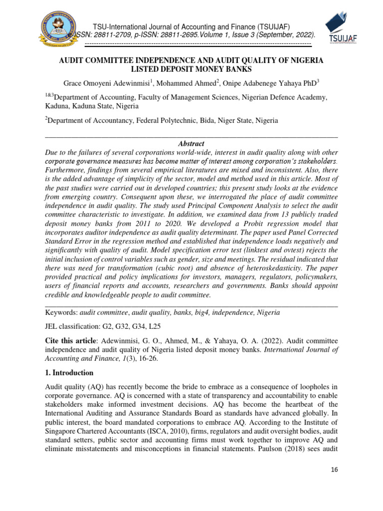 Audit Committee Independence & Quality in Nigeria | PDF | Regression ...