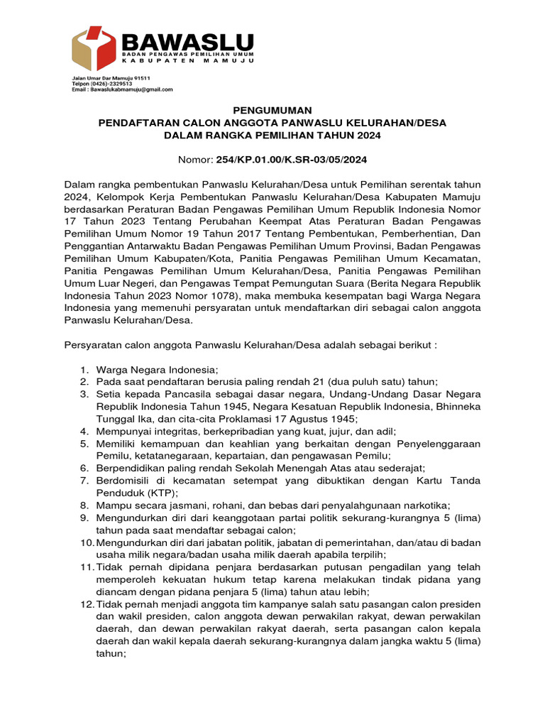 Pengumuman Pendaftaran PKD Pemilihan | PDF