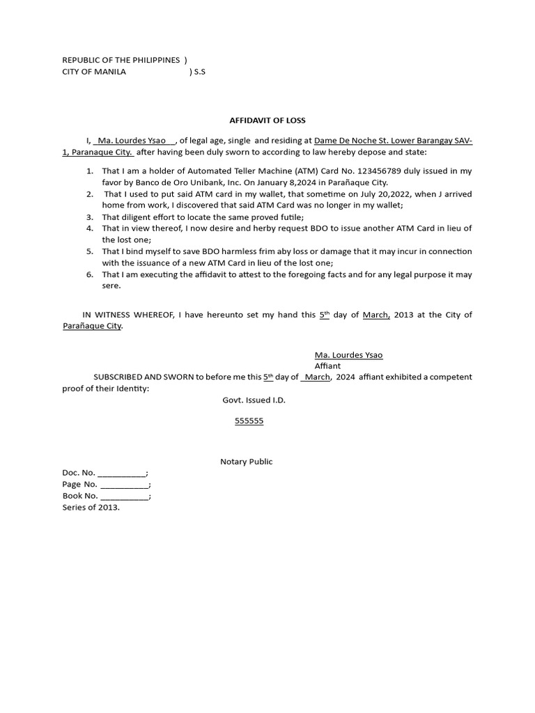Affidavit of Loss Ysao | PDF | Finance & Money Management | Social Science