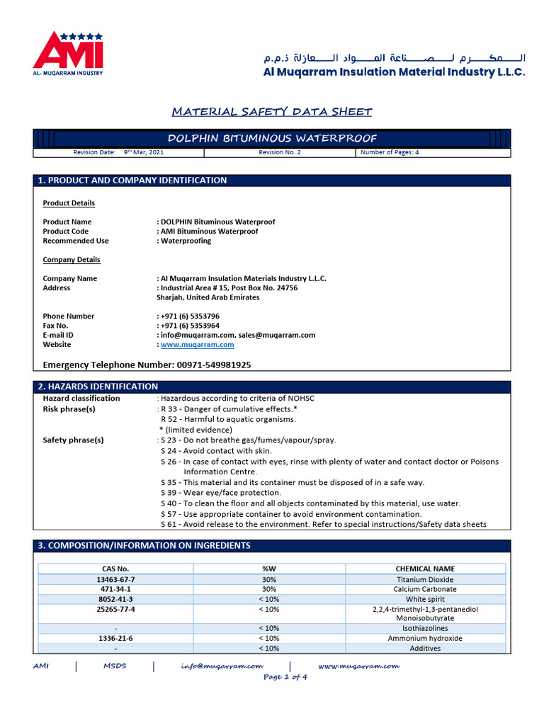 Dolphin Bituminous Waterproof MSDS | PDF | Dangerous Goods