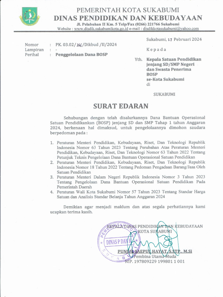 Surat Edaran - Pengelolaan Dana BOSP | PDF