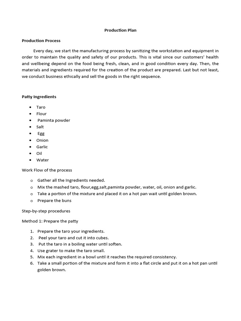 Production Plan For Feasibility Study | PDF | Hamburgers | Salad
