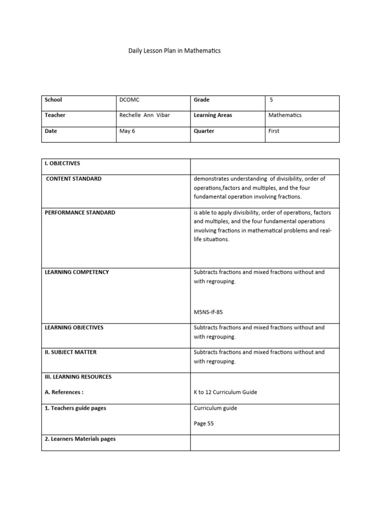 Grade 5 Math Lesson Plan: Fractions | PDF | Curriculum | Learning