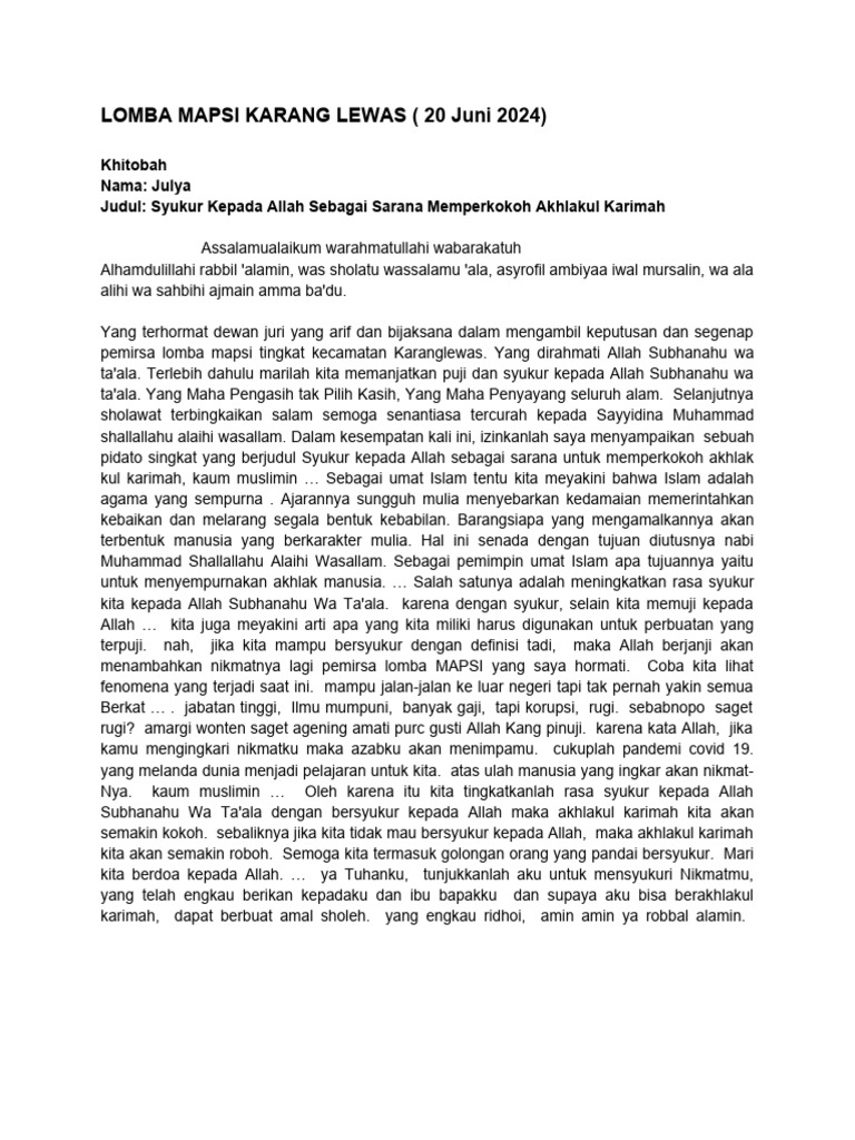 Lomba MAPSI: Pidato Syukur dan Cerita Sunan Gresik | PDF