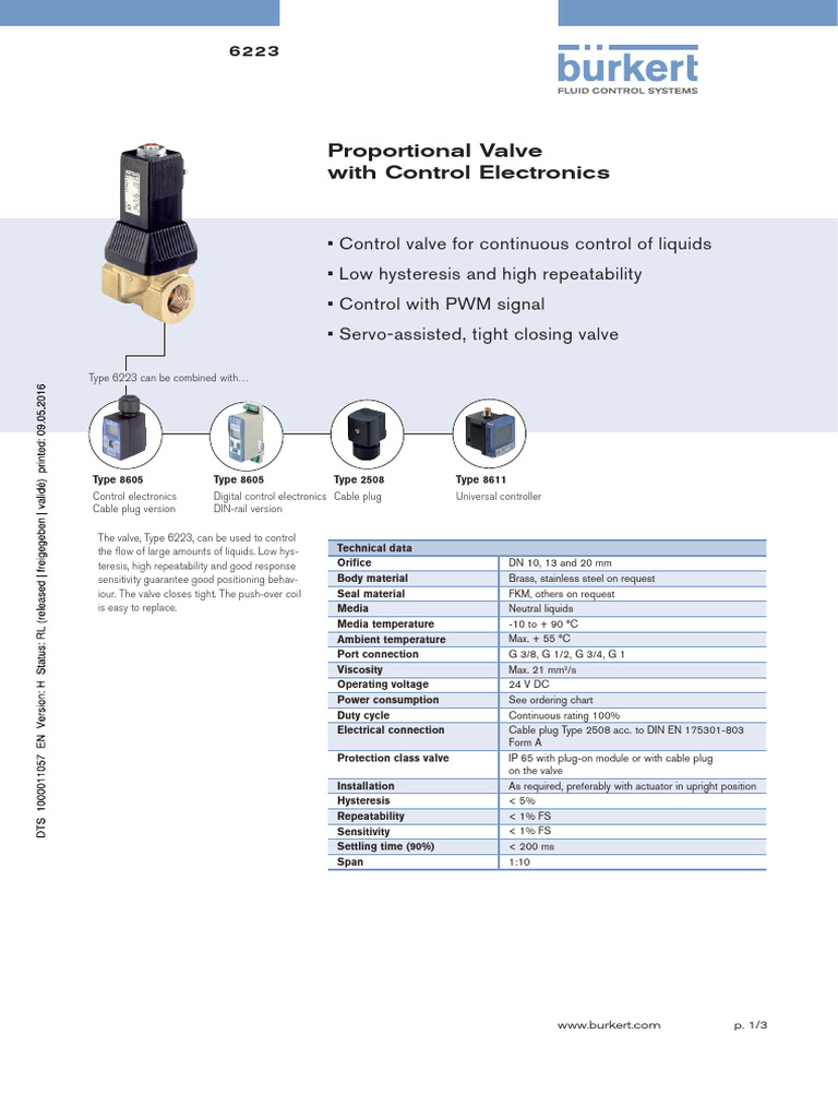 BÜRKERT.6223 ProportionalValve With ControlElectronics - Datasheet | Download Free PDF | Valve ...