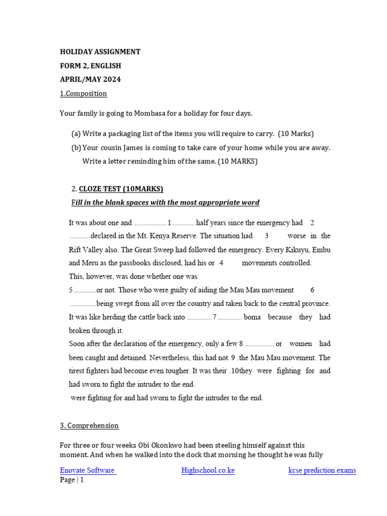 Form 2 English Holiday Assignment | PDF | Linguistics