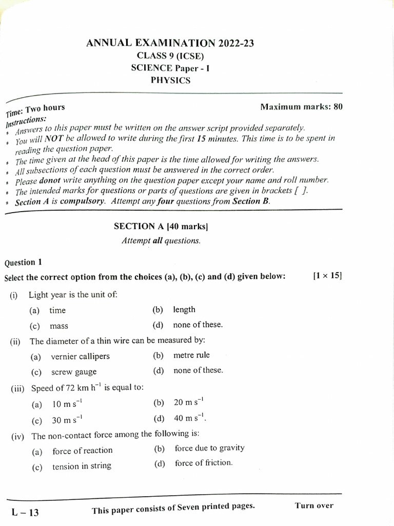 CL 9 Annual 2023 (Phy Chem Bio) | PDF | Force | Physics