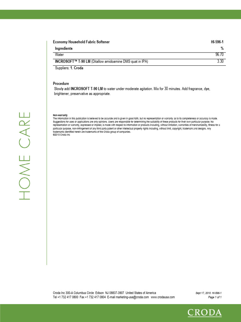 ECONOMY HOUSEHOLD FABRIC SOFTENER W INCROSOFT T90LM HI-596-1 | PDF