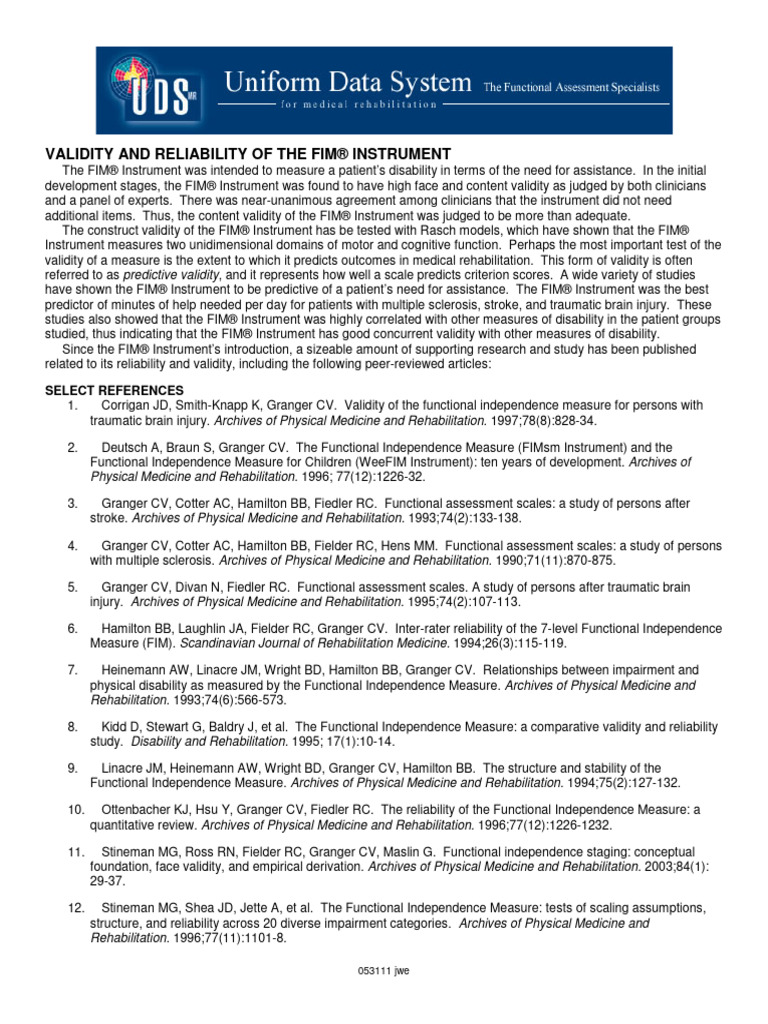 FIM UDSMR - Validity - Reliability - of - The - FIM - Instrument | PDF ...