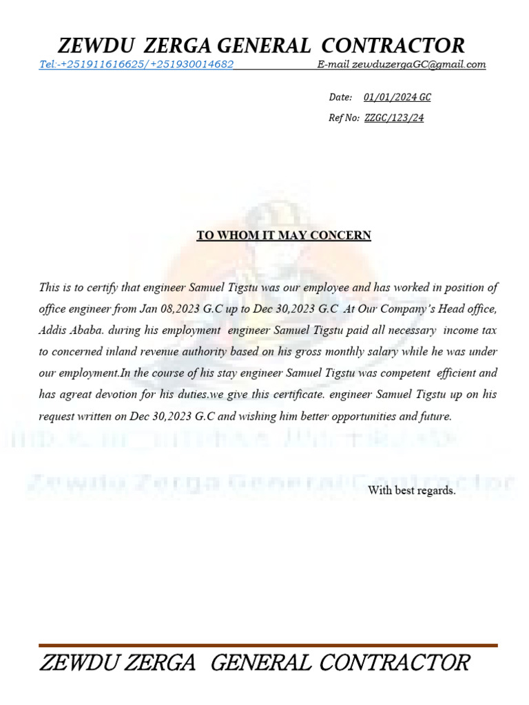 Zewdu Zerga General Contractor | PDF