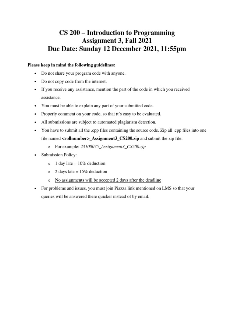 CS 200 - Introduction To Programming Assignment 3, Fall 2021 Due Date: Sunday 12 December 2021 ...