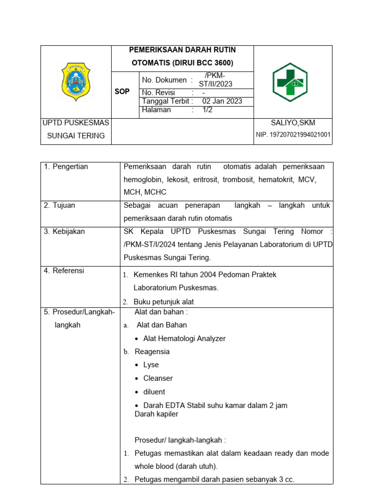 Sop Pemeriksaan Darah Rutin Otomatis | PDF