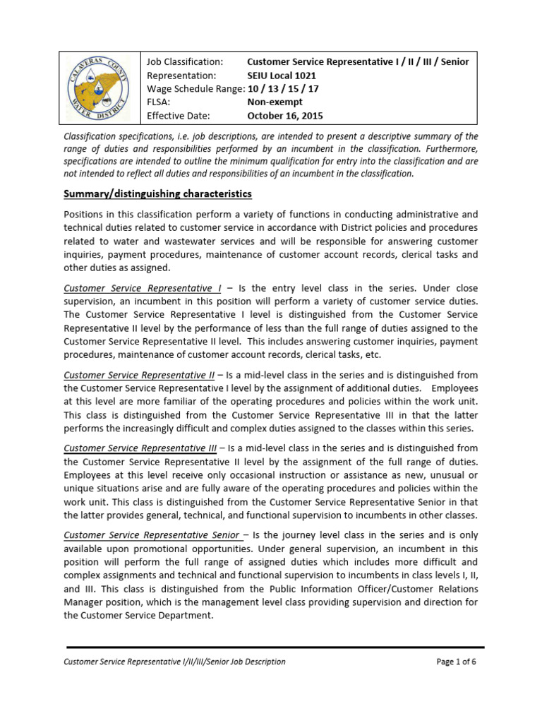 CSR I II III Senior Job Description | PDF | United States House Of ...