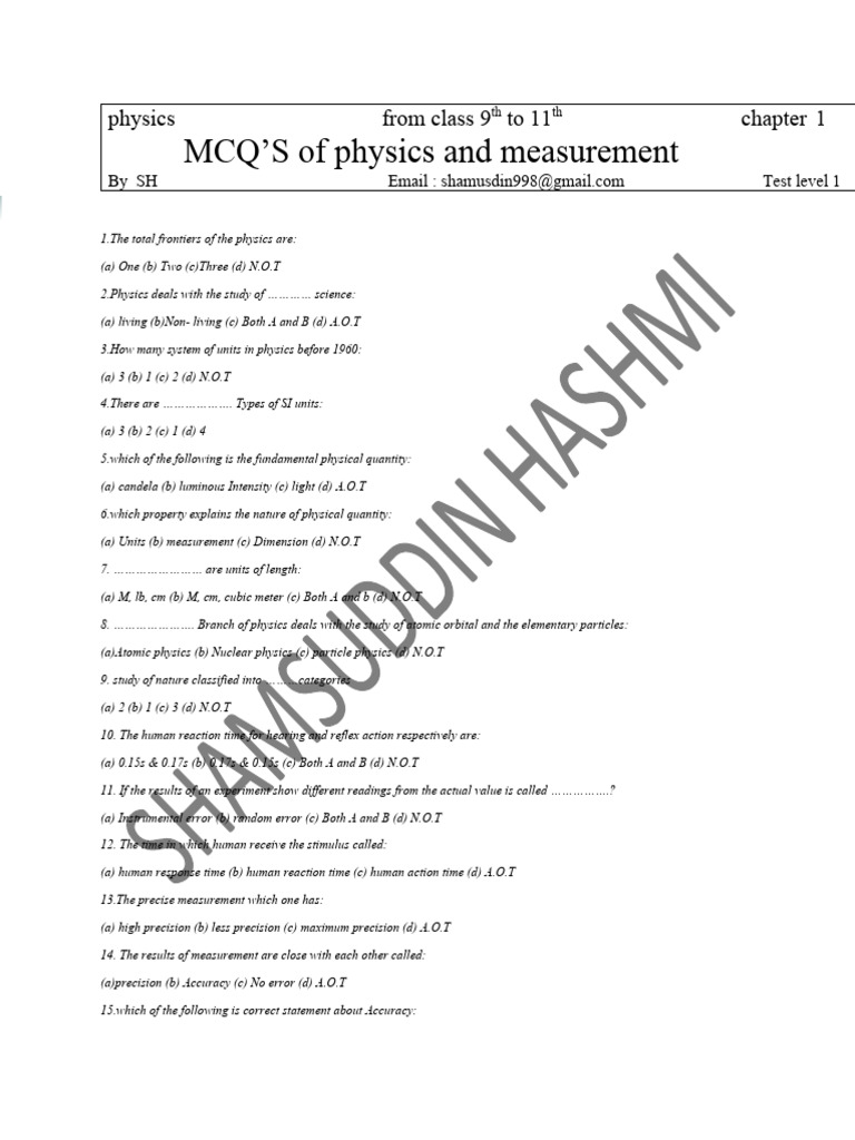 MCQ'S of Physics and Measurement: Physics From Class 9 To 11 1 | Download Free PDF | Accuracy ...