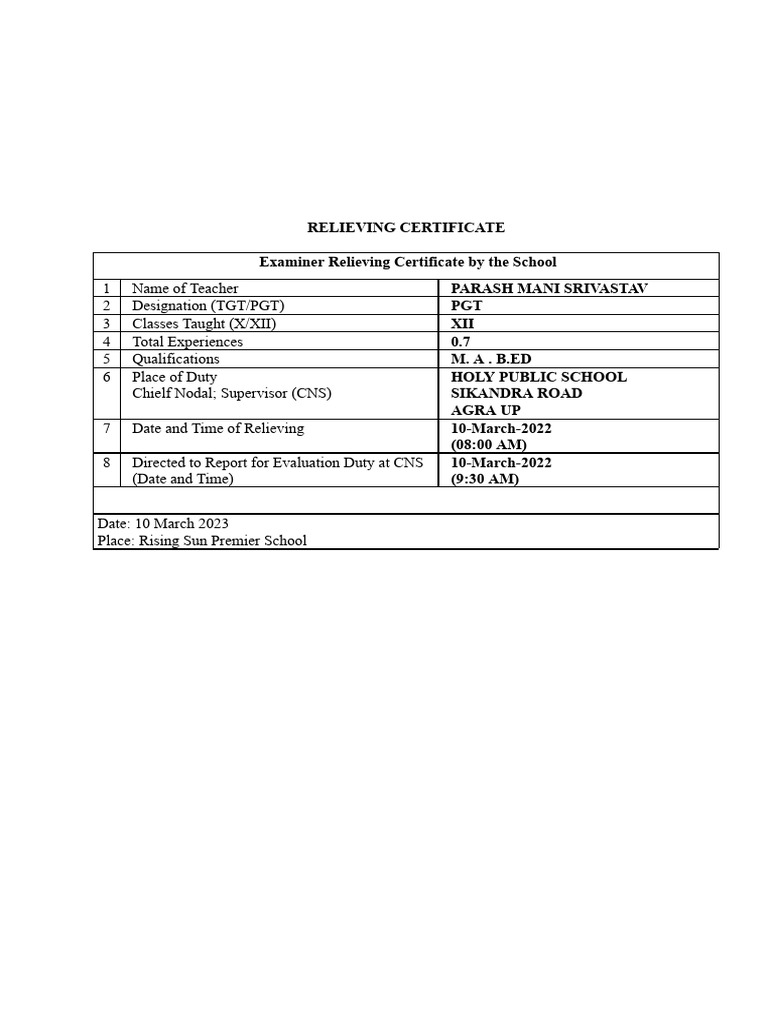 Teacher Relieving Certificates Overview | PDF