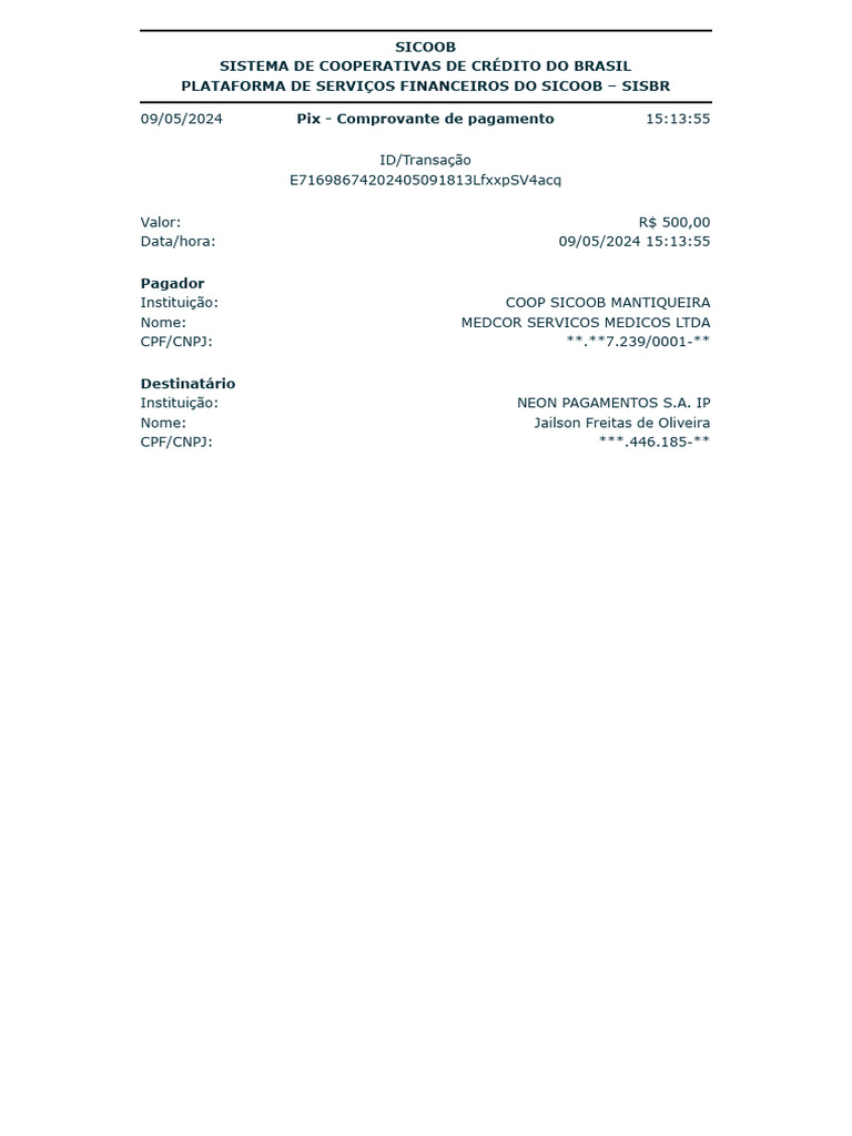 Sicoob Comprovante (09-05-2024 15-13-58) | PDF Sicoob Comprovante (09-05-2024 15-13-58) | PDF