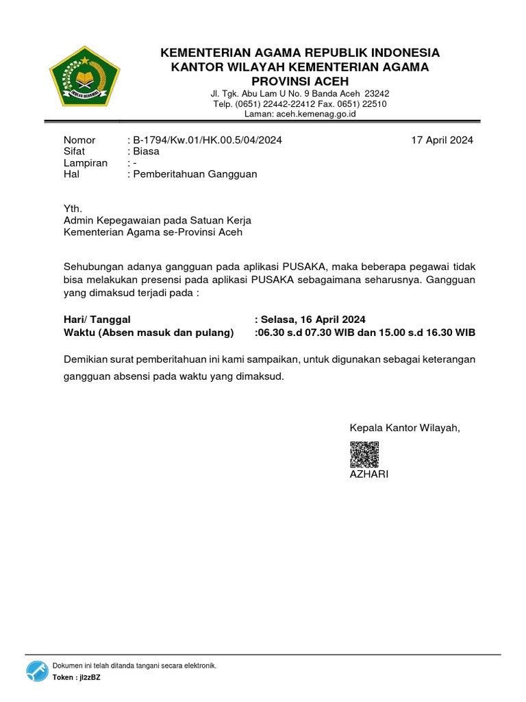 Surat Keterangan Absen Error (16042024) - TTE | PDF