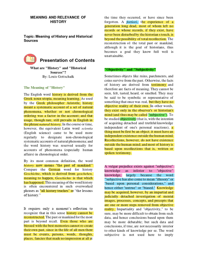 Presentation of Contents: Meaning and Relevance of History | PDF ...