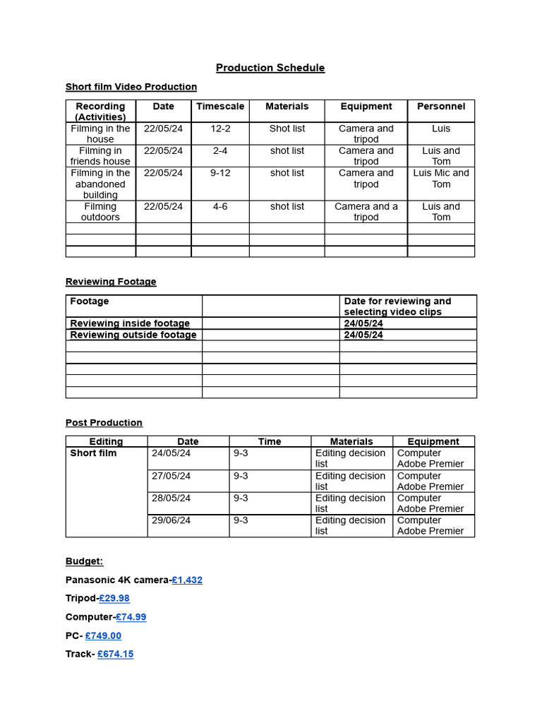 Short Film Thriller Production Schedule | PDF