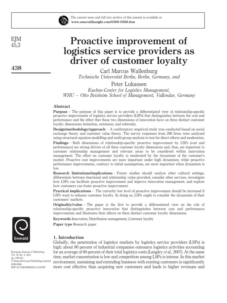 Proactive Improvement of Logistics Service Providers As Driver of Customer Loyalty | PDF ...