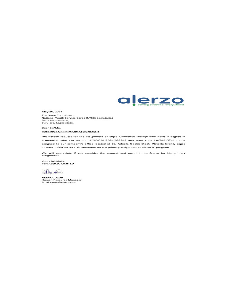 Alerzo Nysc Request Letter For Lawrence Ekpo | PDF