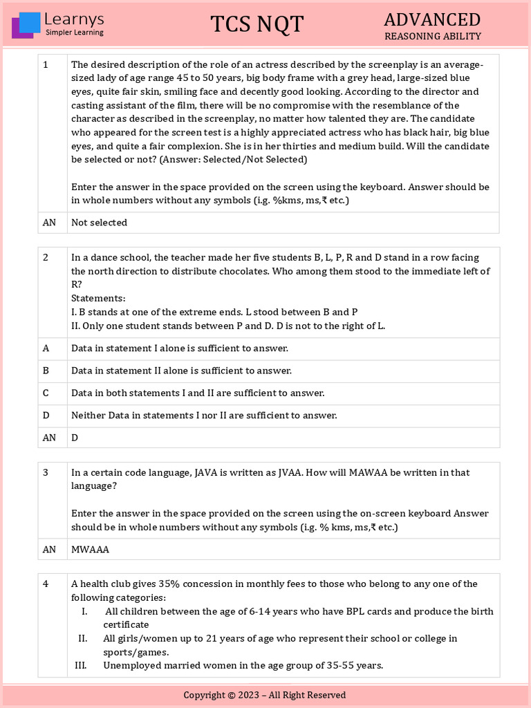 TCS NQT Advanced Reasoning Ability | PDF | Argument | All Rights Reserved