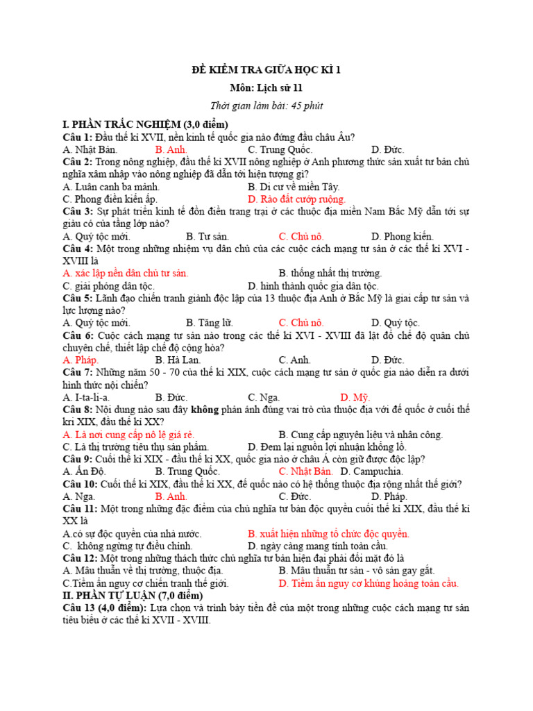 De On Tap Giua HK1 Lich Su 11 KNTT | PDF