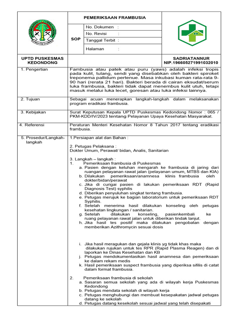 sop pemeriksaan frambusia puskesmas Kedondong | PDF