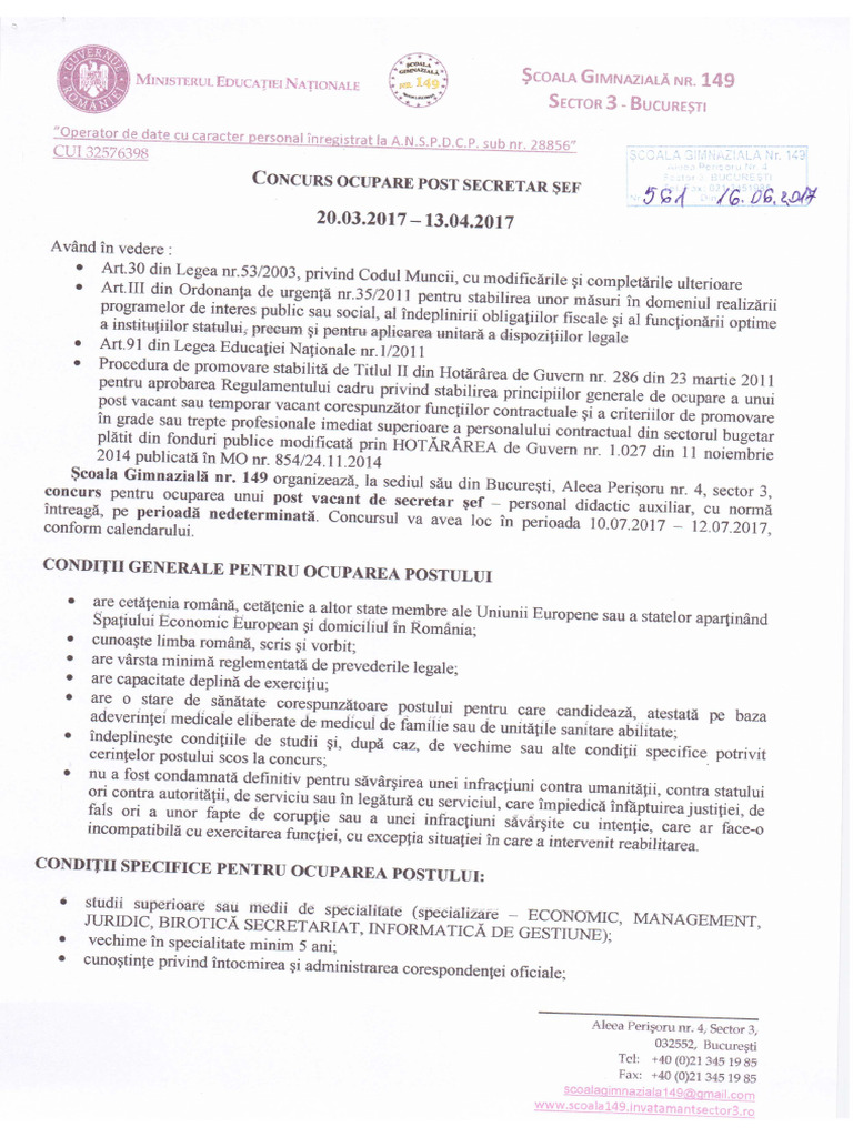 Concurs Ocupare Post Secretar Sef | PDF