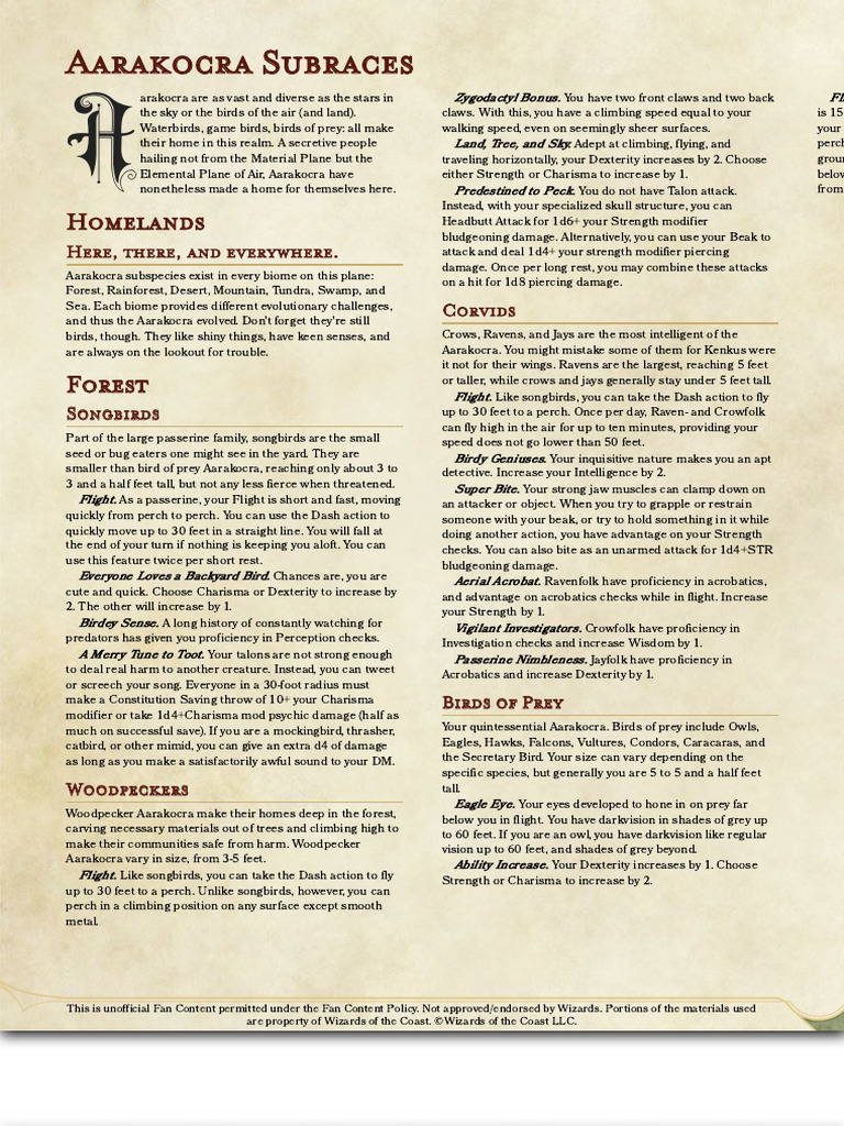 Aarakocra Subraces - GM Binder | PDF | Birds | Zoology