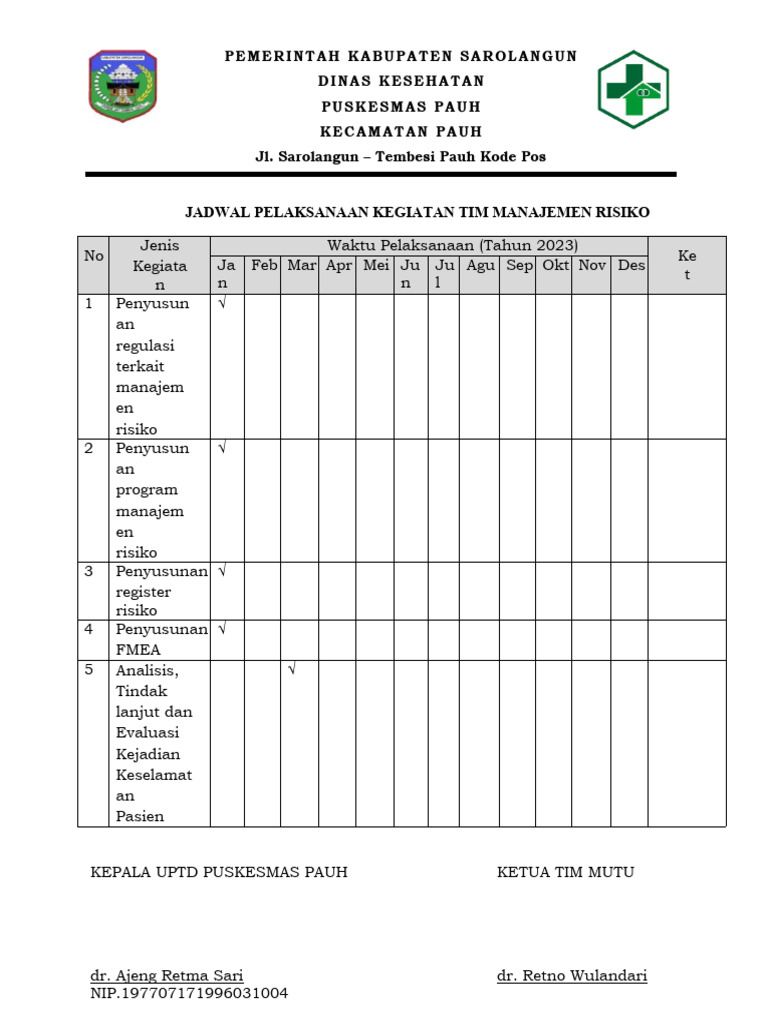 Jadwal Kegiatan Manajemen Risiko 2023 | PDF
