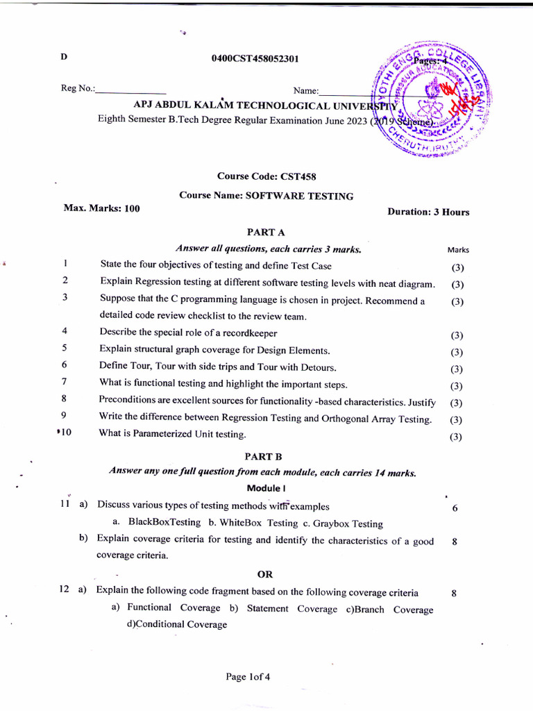 KTU CST458 Software Testing Exam Paper | PDF | Software Testing ...