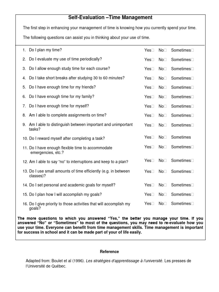 Time Management Self-Evaluation Guide | PDF | Self-Improvement