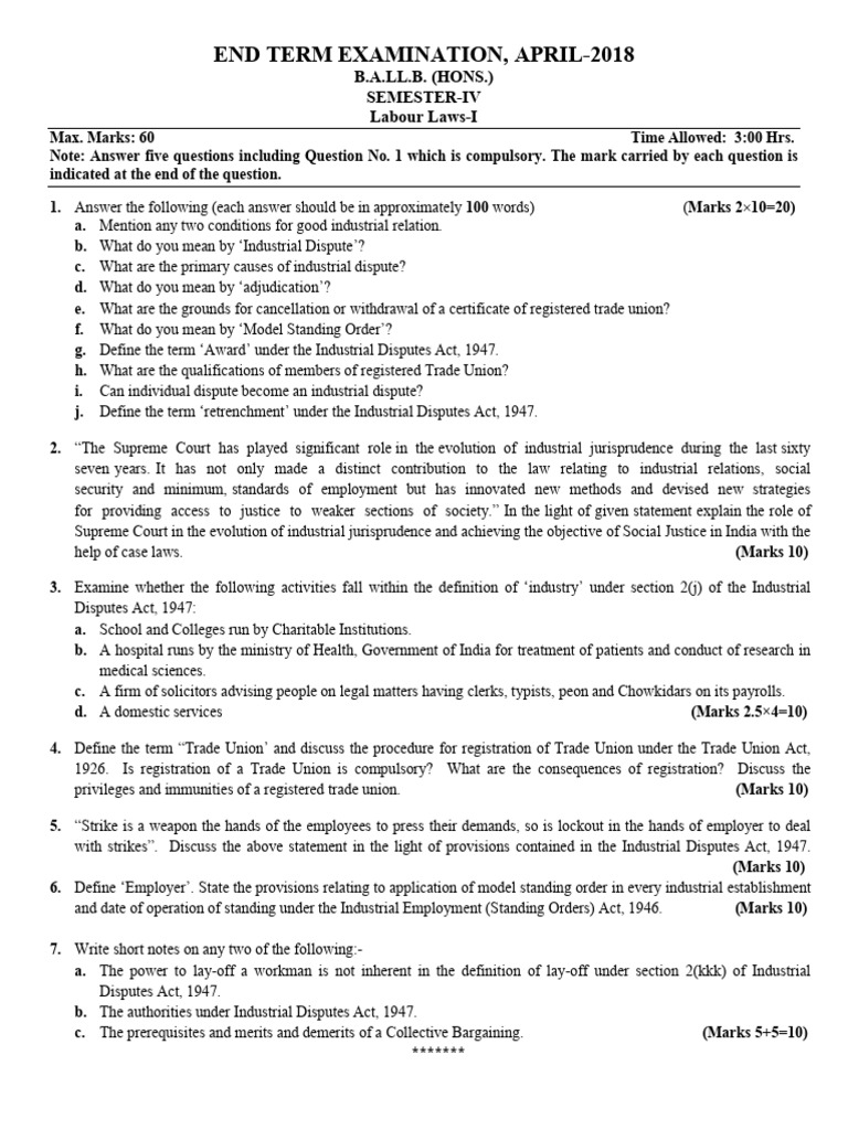 Labour Laws-I End Term PYQ | PDF | Strike Action | Trade Union