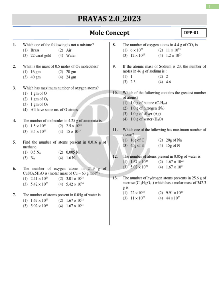 Mole Concept - DPP 01 (Of Lec 03) - (Prayas 2.0 2023 PW Star) | PDF | Mole (Unit) | Gases