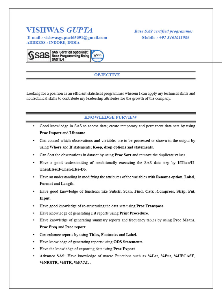 Vishwas Gupta Base SAS Certified-1 | PDF | Sas (Software) | Clinical Trial