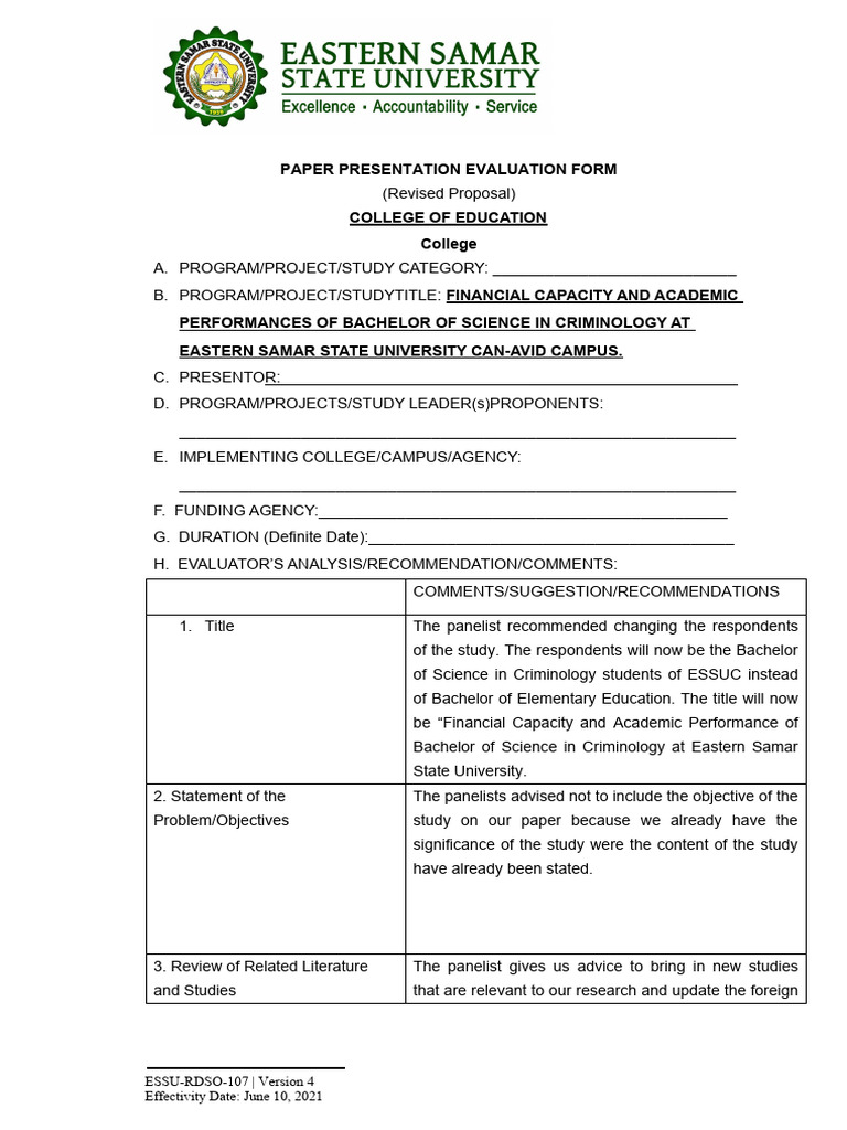 107 Paper Presentation Evaluation Form FOR THE APPROVAL TO CONDUCT THE ...