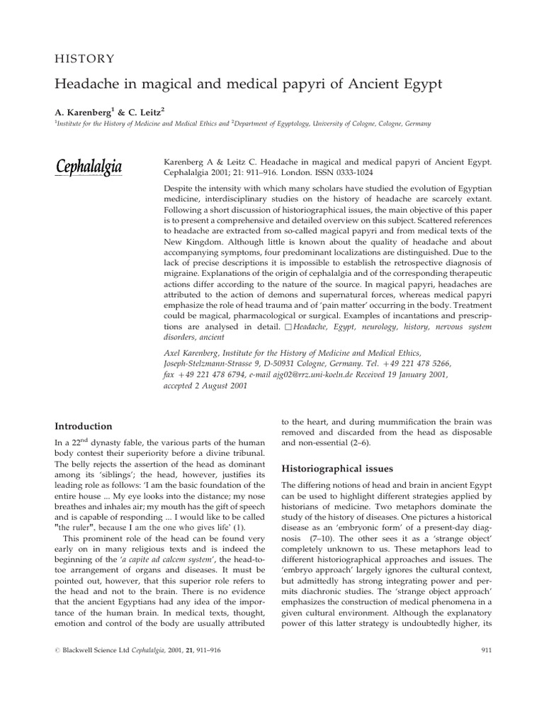 Karenberg Leitz 2001 Headache in Magical and Medical Papyri of Ancient ...
