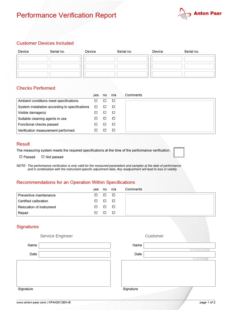 XPAIQ012EN B Performance Verification Report Form | PDF | Verification And Validation