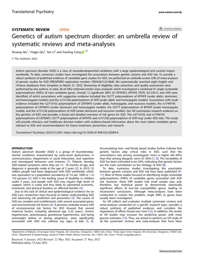 Genetics of Autism Spectrum Disorder: An Umbrella Review of Systematic ...