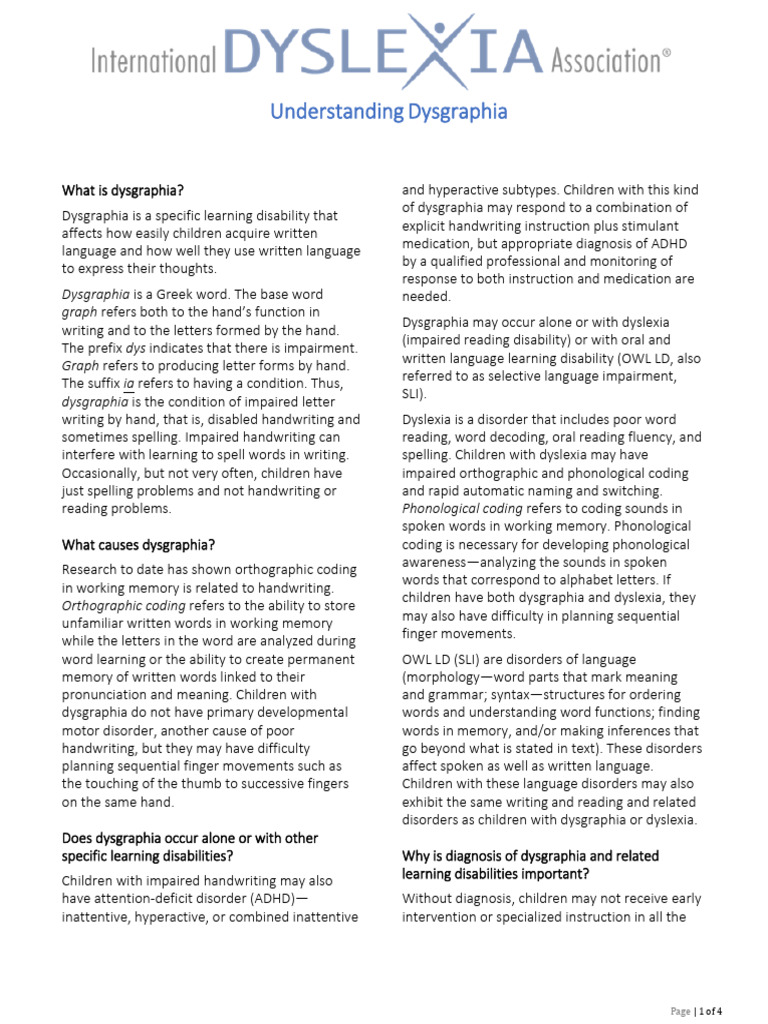 IDA Understanding Dysgraphia | PDF | Dyslexia | Learning Disability