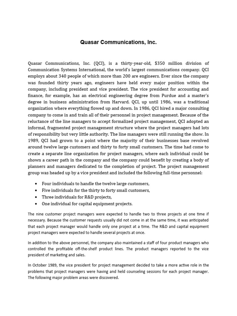 Quasar Communications Case Structure Analysis | PDF | Project ...