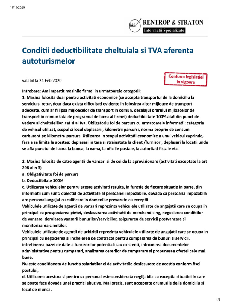 Deductibilitate 100% Tva | PDF