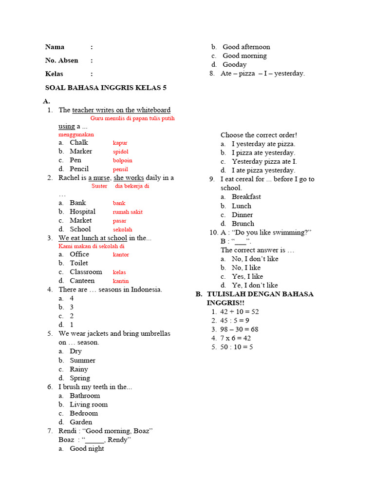 Uh 1 Kelas 5 | PDF | Meal
