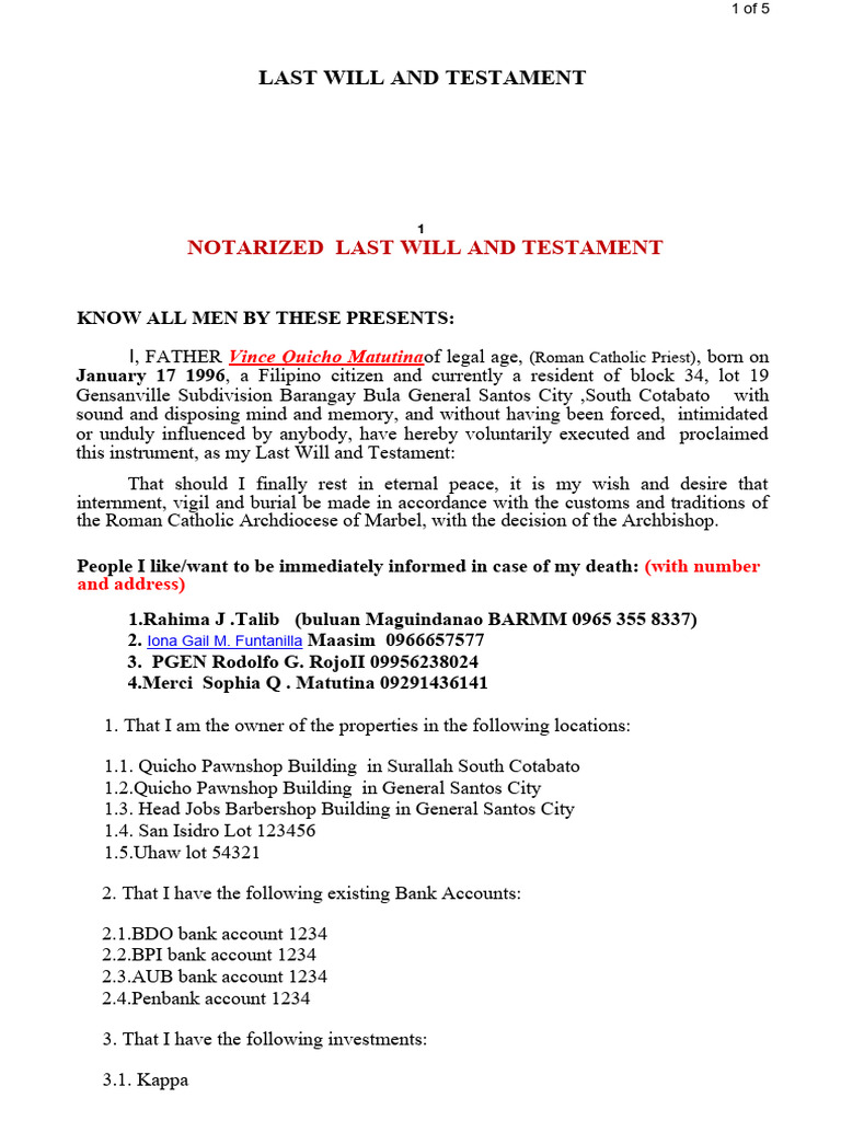 Last Will and Testament DRAFT | PDF | Will And Testament | Civil Law ...