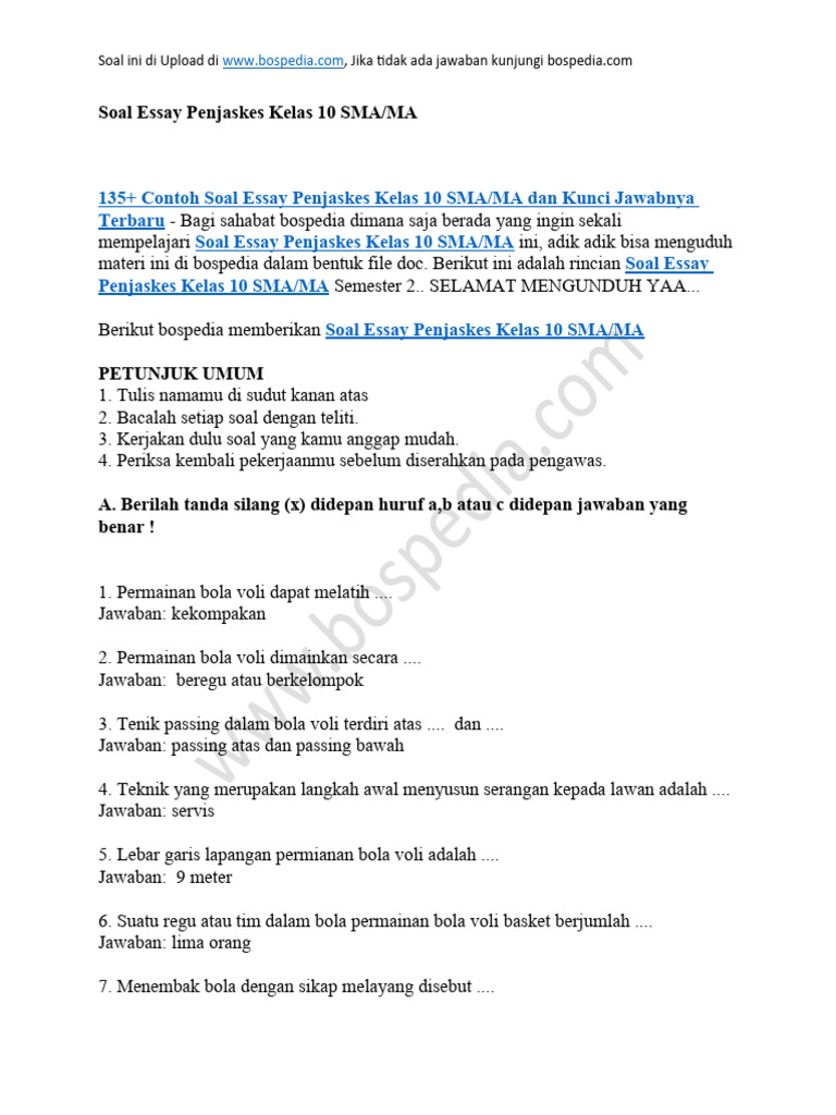 Soal Essay Penjaskes Kelas 10 Semester 2 | PDF