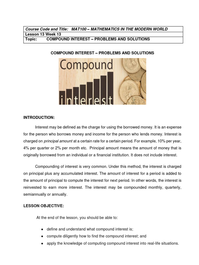 MMW Lesson 13 Week 13 Compound Interest Problems and Solutions | PDF ...